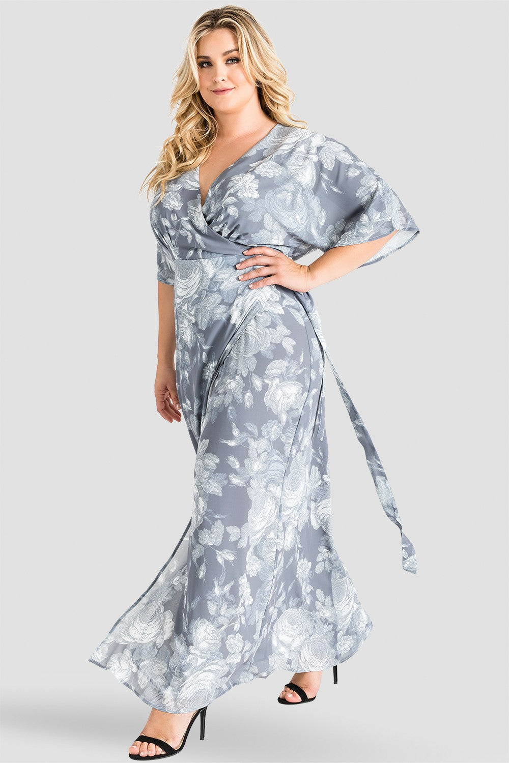 Standards & Practices Plus Size Gray Floral Print Chiffon Kimono Wrap ...